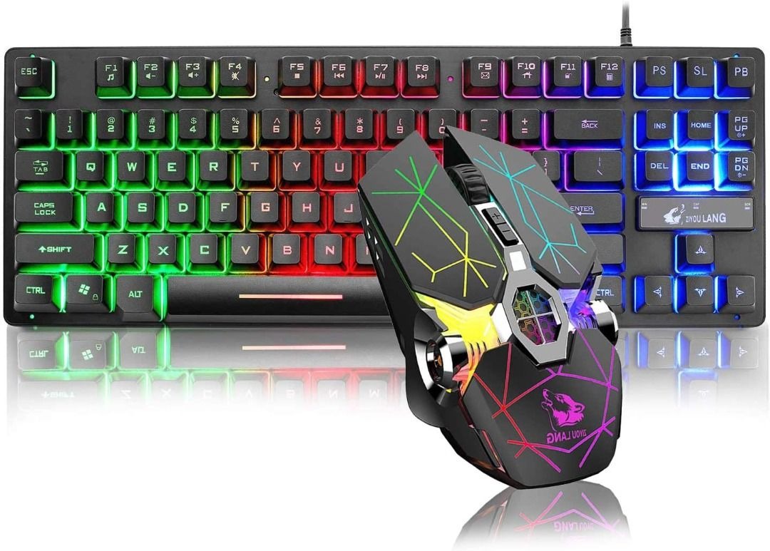 87keys Wired Gaming Keyboard Wireless Rechargeable Silent Mouse Rainbow ...