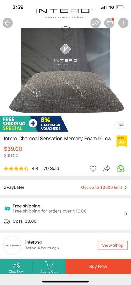 Intero Charcoal Sensation Memory Foam Pillow, Furniture & Home Living ...