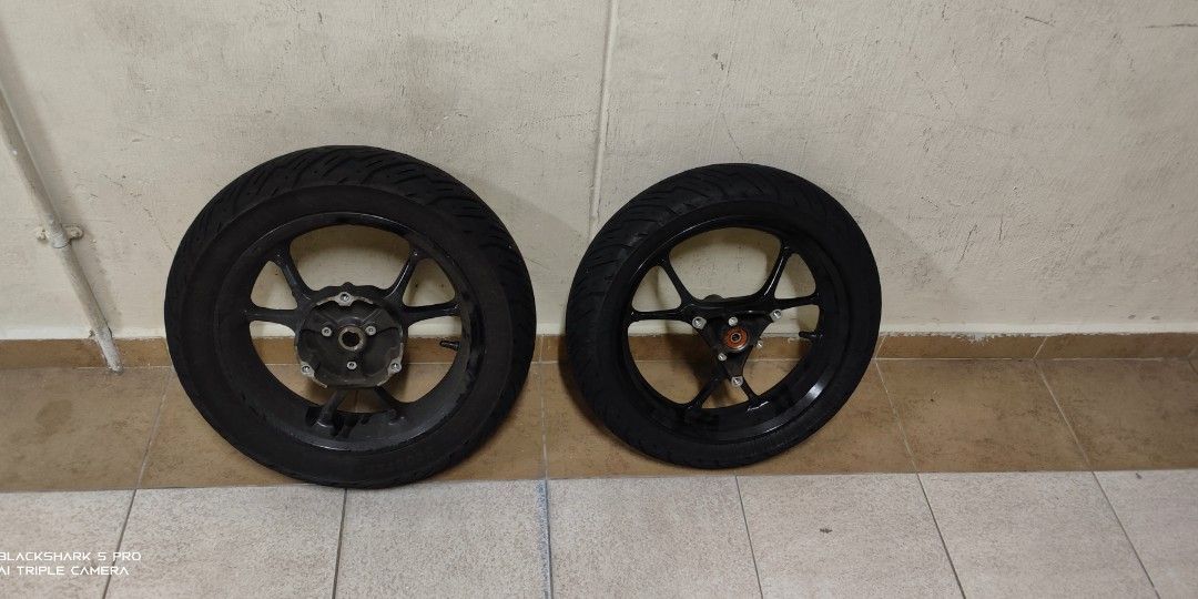 Nmax v2 black stock rims with tyres, Motorcycles, Motorcycle ...