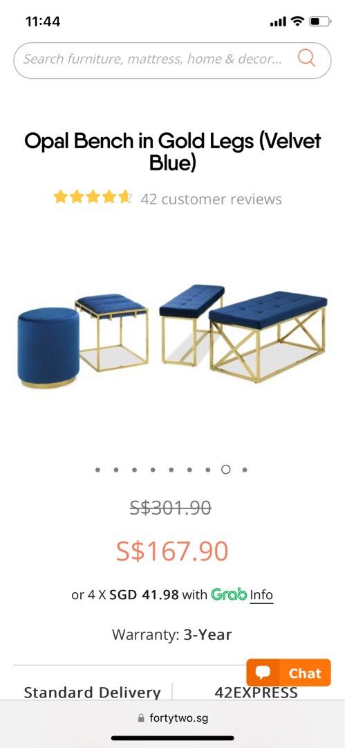 Opal Bench in Gold legs (velvet blue), Furniture & Home Living ...