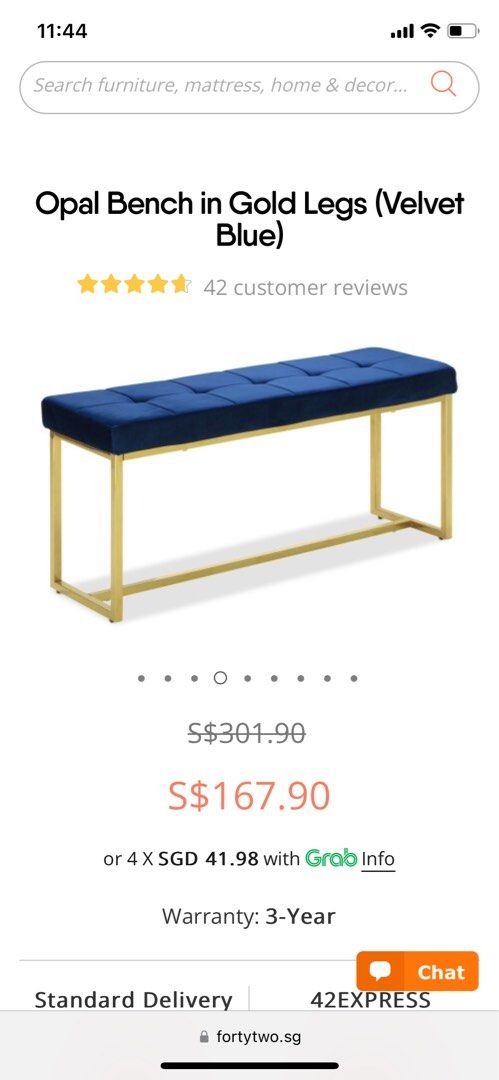 Opal Bench in Gold legs (velvet blue), Furniture & Home Living ...