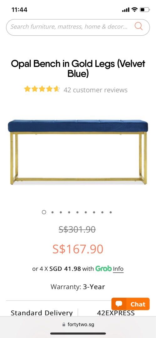 Opal Bench in Gold legs (velvet blue), Furniture & Home Living ...
