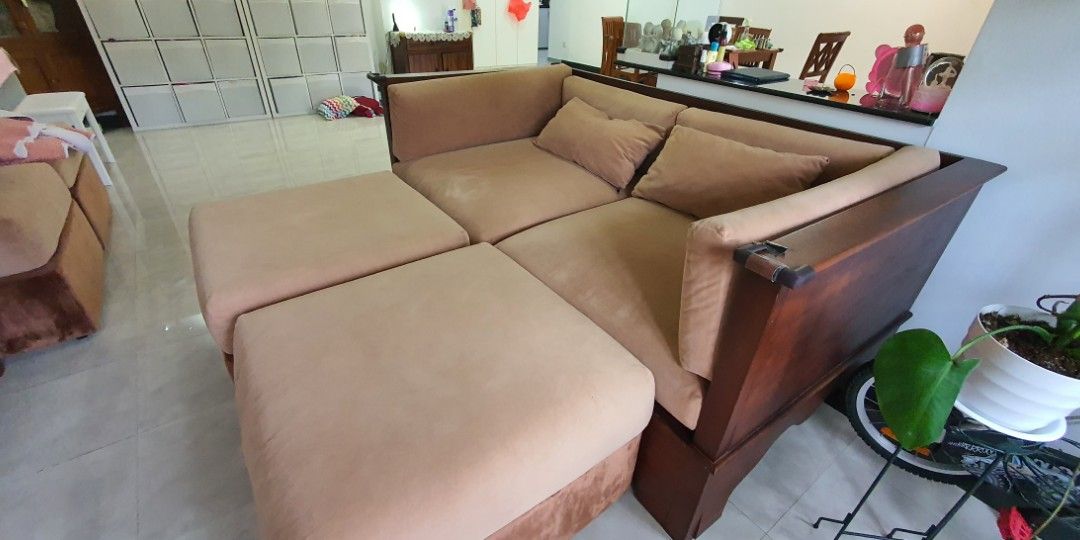 Teak sofa daybed with 4 cubes, Furniture & Home Living, Furniture, Sofas on Carousell