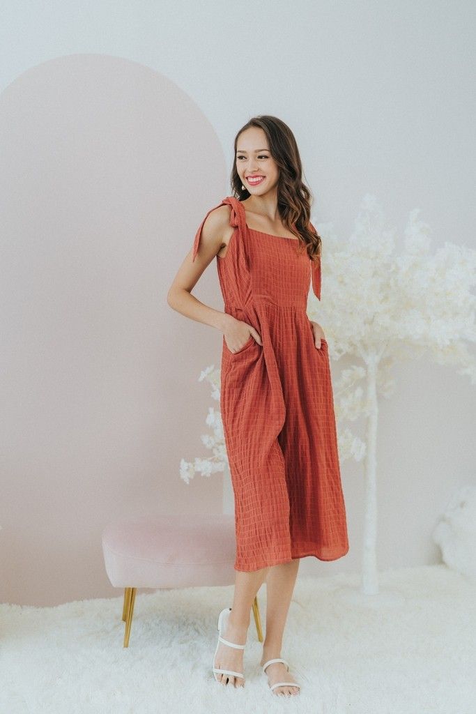 TSW The Stage Walk Pam Textured Ribbon Jumpsuit In Rust, Women's ...