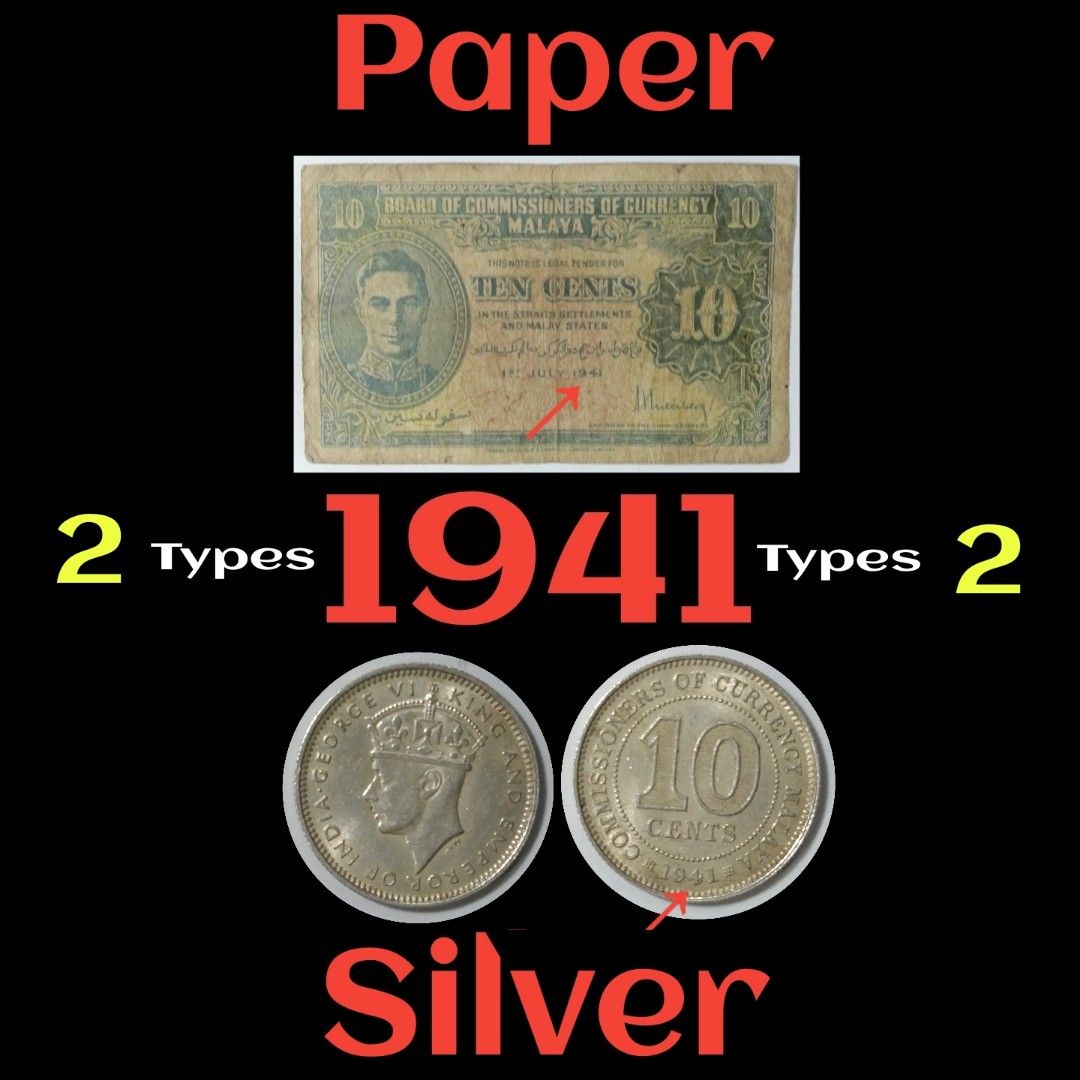 2 Types Paper & Silver 10 Cents 1941 British Malaya , Hobbies & Toys ...