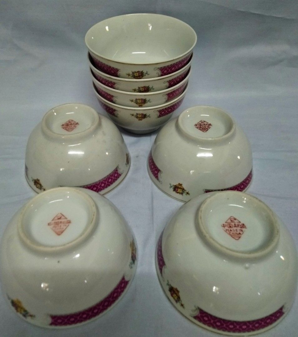 8 Pc Vintage Traditional Chinese Bowls with Red Cup Markings, Hobbies ...