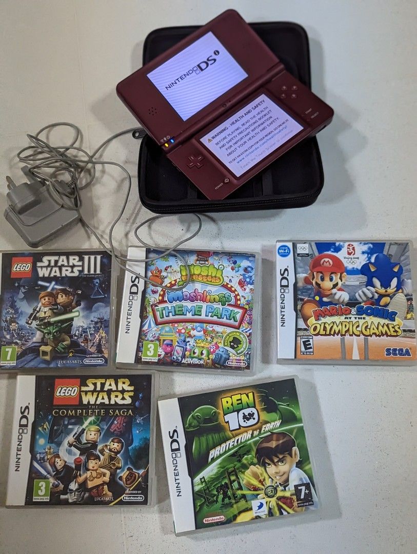 DSi xl burgundy with 5 games console with Lego star wars Mario sonic ...