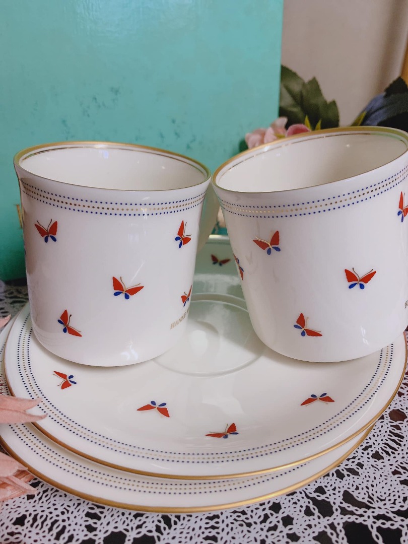 HANAE MORI Coffee Cup & Saucer Gold Lip Red Blue CHO Butterfly Pattern ...