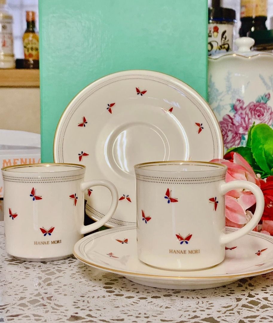 HANAE MORI Coffee Cup & Saucer Gold Lip Red Blue CHO Butterfly Pattern ...