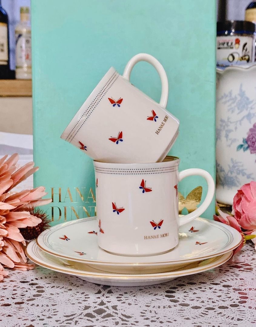 HANAE MORI Coffee Cup & Saucer Gold Lip Red Blue CHO Butterfly Pattern ...