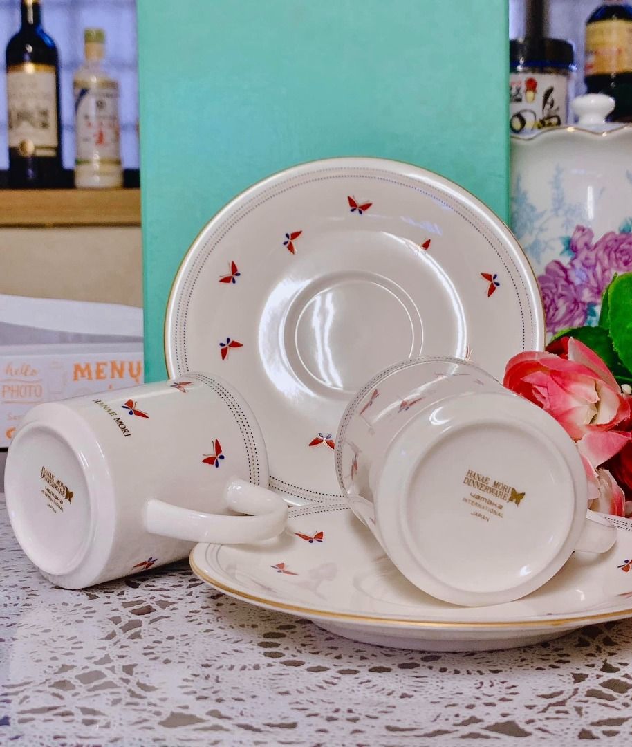 HANAE MORI Coffee Cup & Saucer Gold Lip Red Blue CHO Butterfly Pattern ...