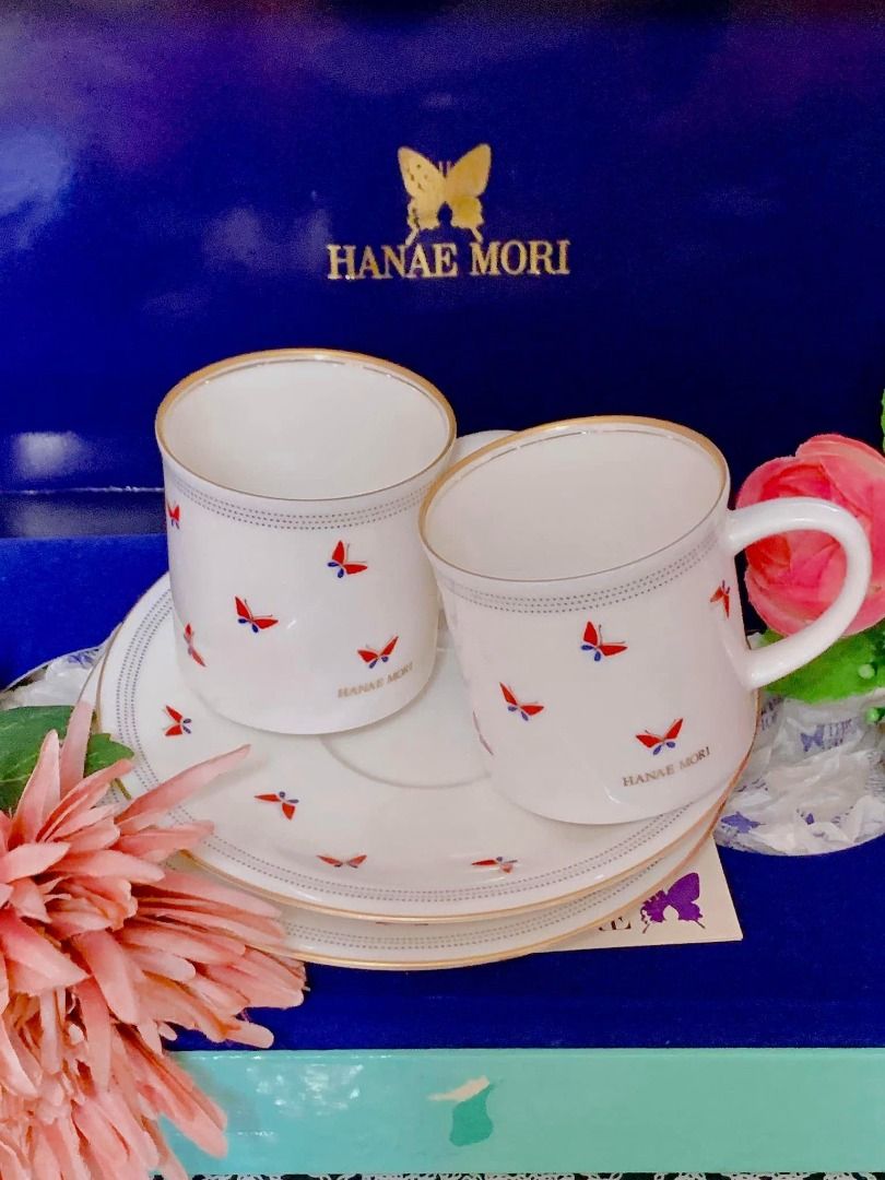 HANAE MORI Coffee Cup & Saucer Gold Lip Red Blue CHO Butterfly Pattern ...