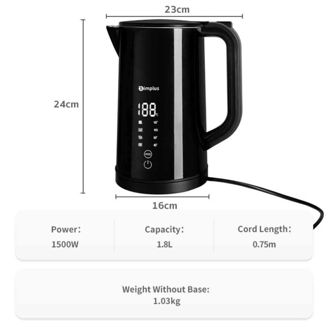 Simplus 1.8L Electric Kettle Digital Screen Real-Time Temperatre ...