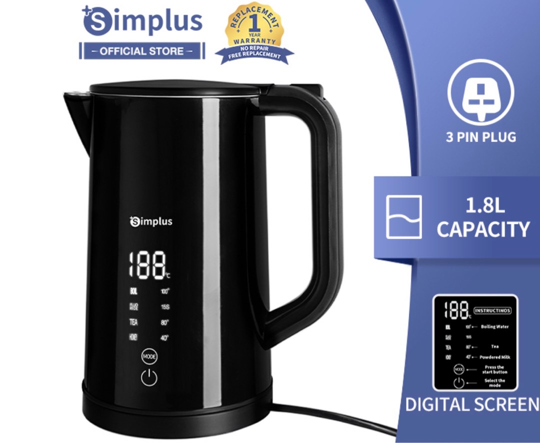 Simplus 1.8L Electric Kettle Digital Screen Real-Time Temperatre ...