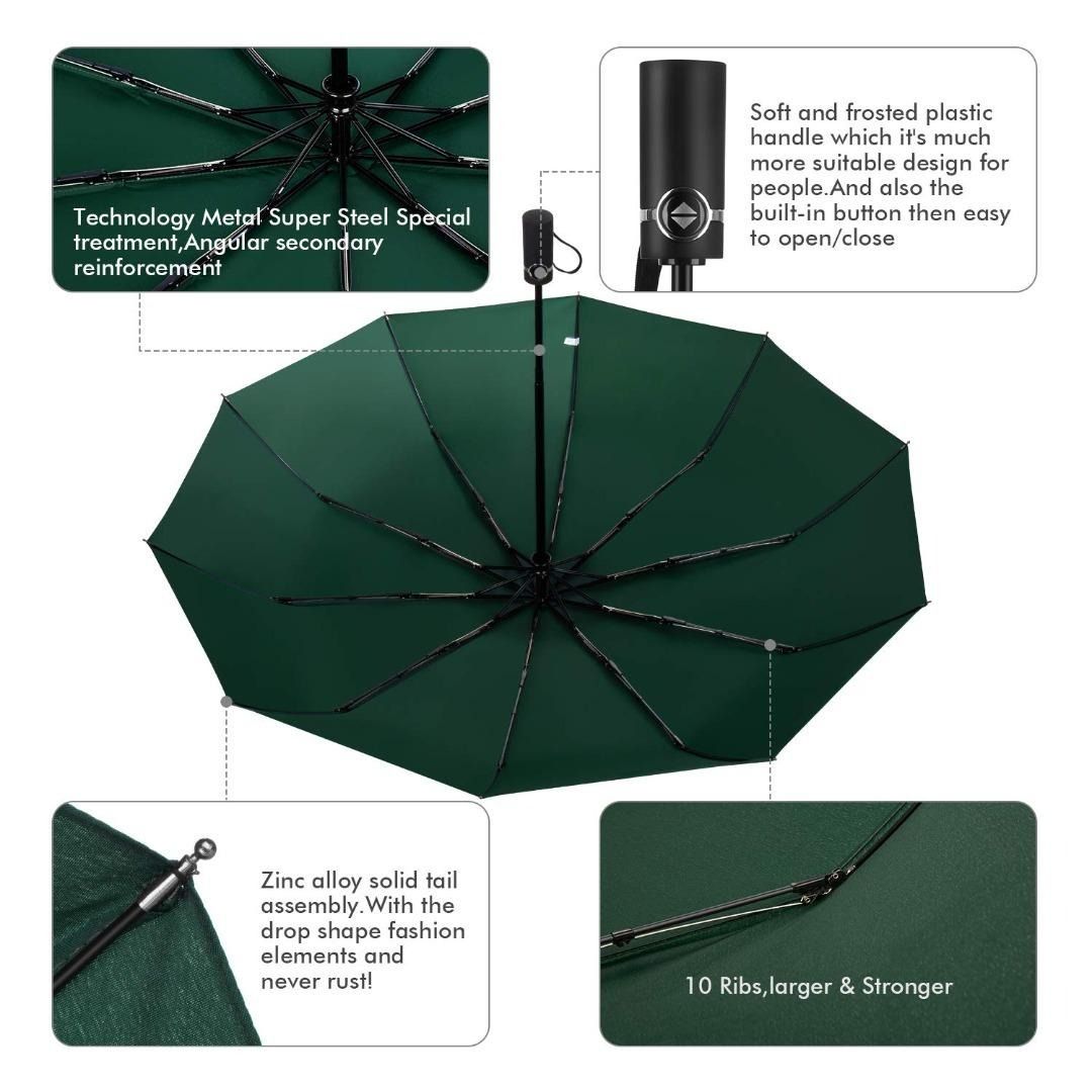 Travel Folding Umbrella, 10 Ribs Golf Umbrella Ergonomic Handle Auto ...