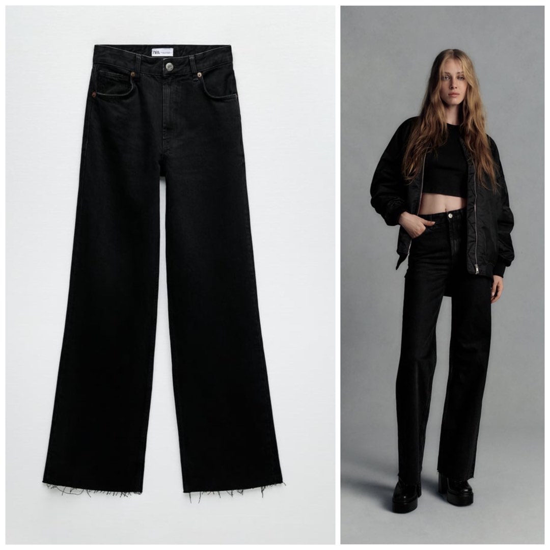 SALE ️Zara HIGH RISE WIDE-LEG TRF JEANS - Black, Women's Fashion ...