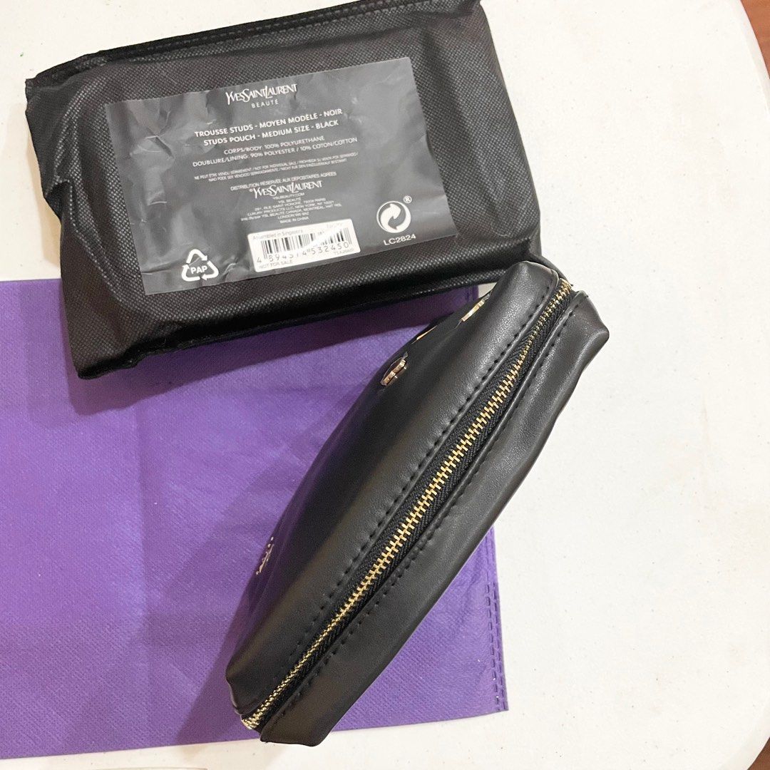 AUTHENTIC NEW Ysl black trousse studs studded medium size makeup bag ...