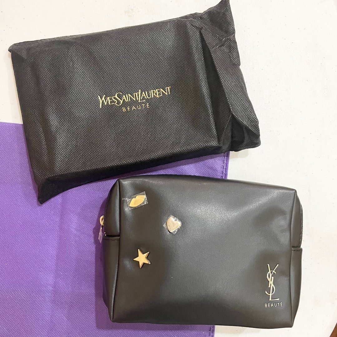 AUTHENTIC NEW Ysl black trousse studs studded medium size makeup bag ...