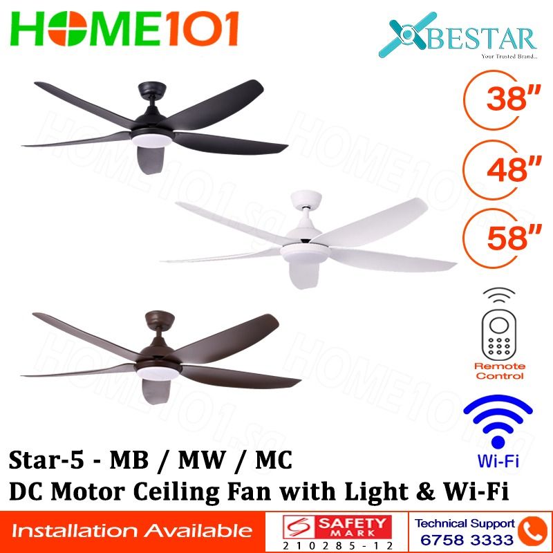Bestar DC Motor Ceiling Fan with Remote Control, Light & WiFi 38”/48 ...