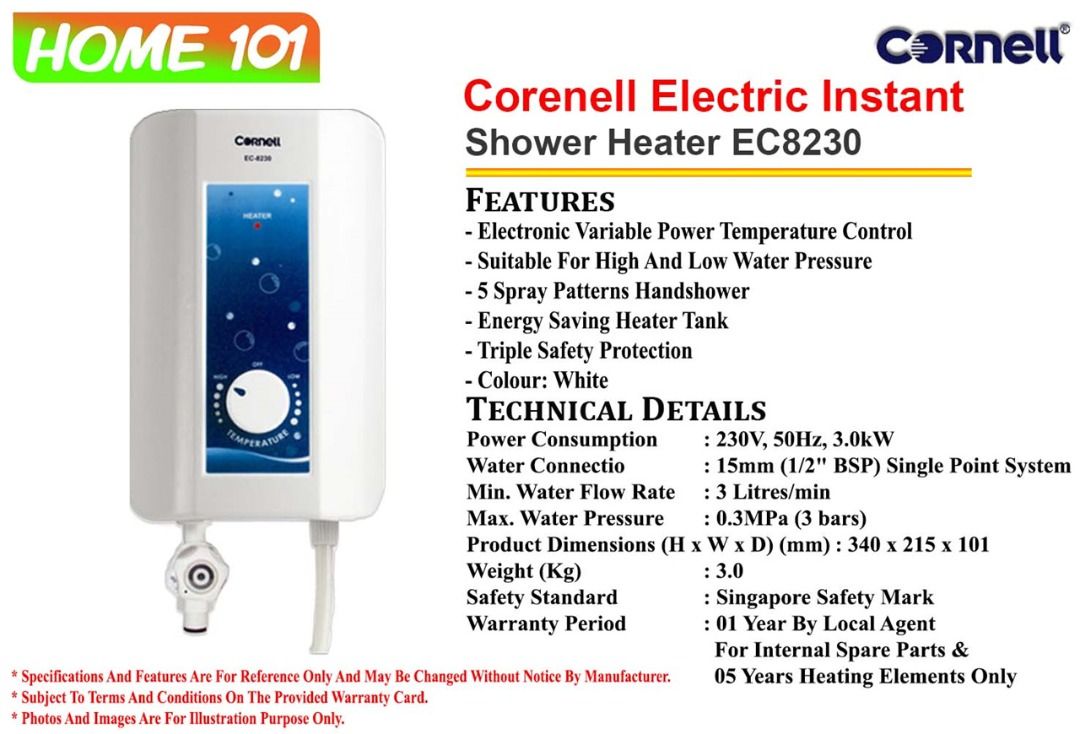Cornell Electric Instant Shower Heater With 5 Spray Patterns EC8230, TV ...