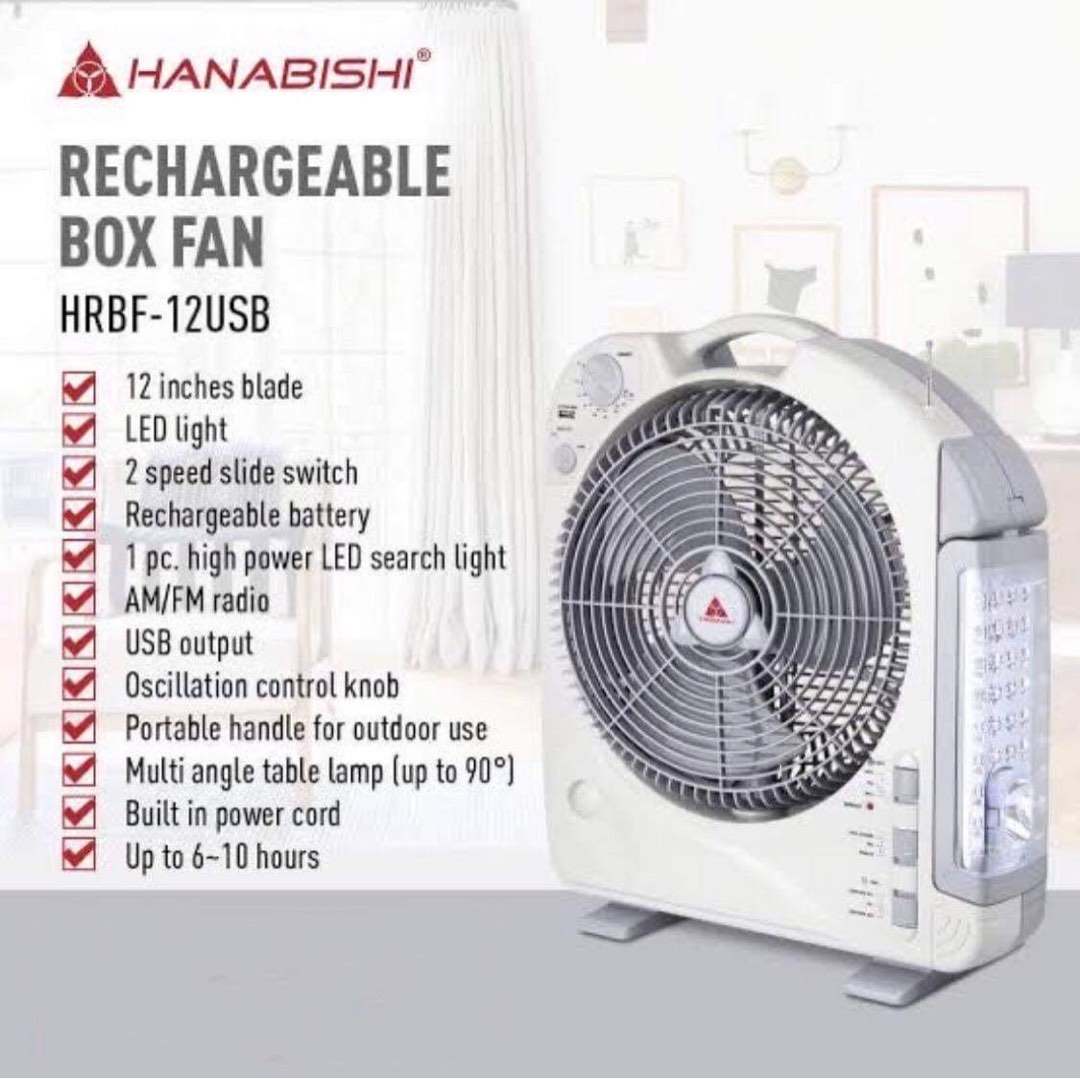Hanabishi Rechargeable Box Fan | HRBF-12USB, Furniture & Home Living ...