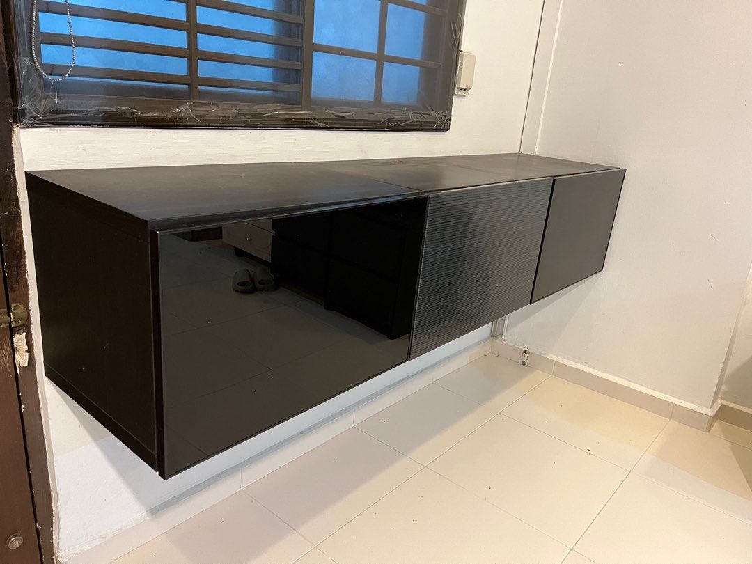 Ikea Dark Black Brown Besta TV Console 180cm x 42cm Wall Mounted ...