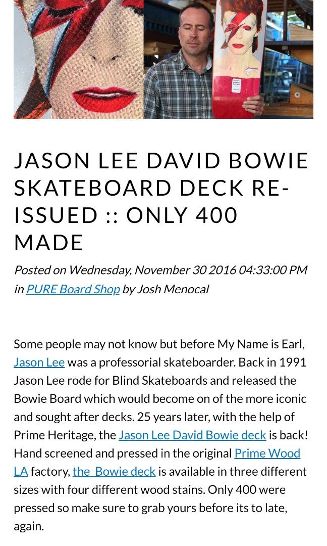 Jason Lee David Bowie skateboard deck, Sports Equipment, Sports & Games ...