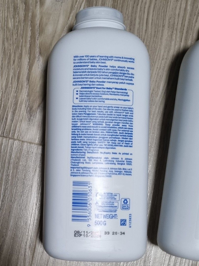 Johnson's Baby Powder Bottles (500g x 2), Babies & Kids, Bathing ...