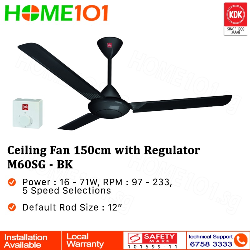 KDK Ceiling Fan 150cm with Regulator M60SG - Black, Furniture & Home ...