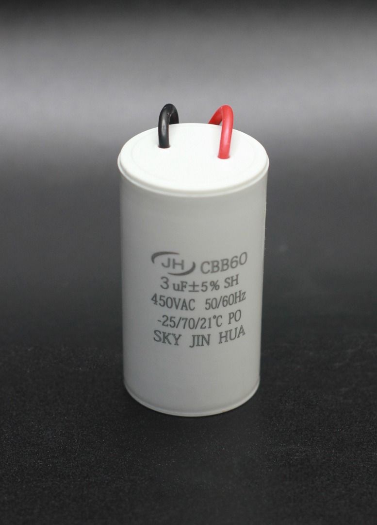 MOTOR RUN SH CAPACITOR 3UF CBB60 450VAC, WIRE LEAD CYLINDER WHITE, BEST ...
