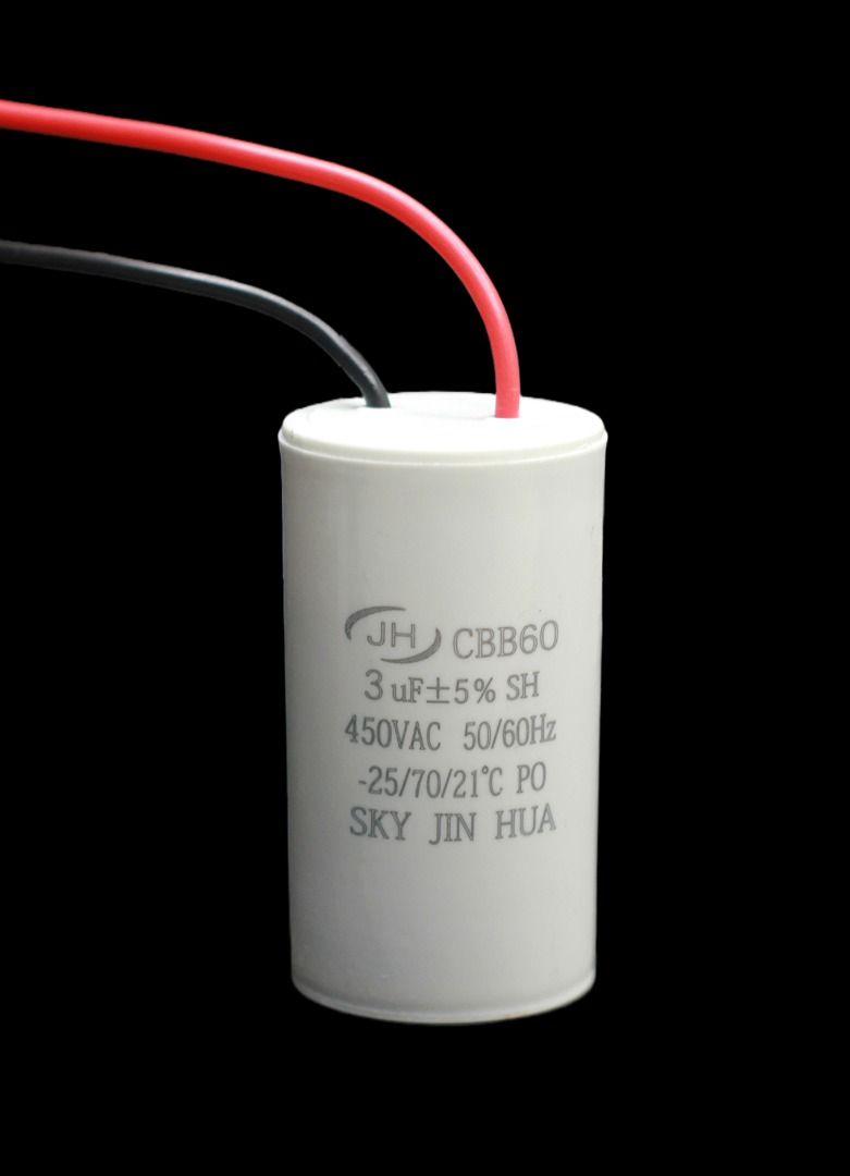 MOTOR RUN SH CAPACITOR 3UF CBB60 450VAC, WIRE LEAD CYLINDER WHITE, BEST ...