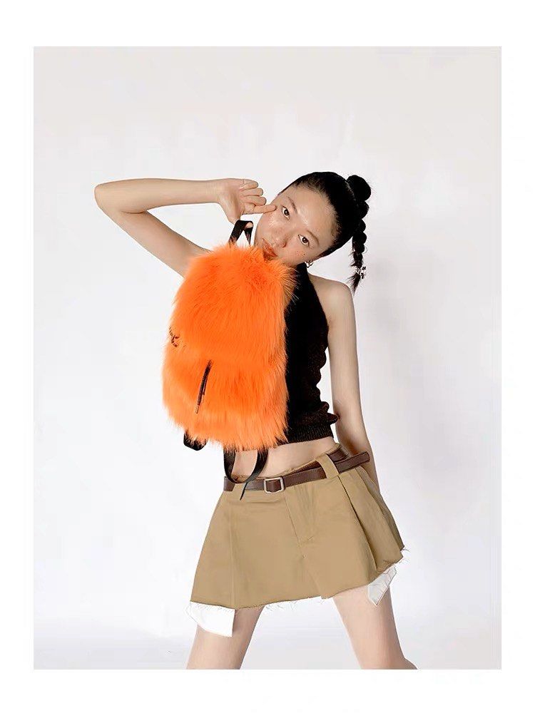 Orange furry Backpack, Women's Fashion, Bags & Wallets, Backpacks on ...