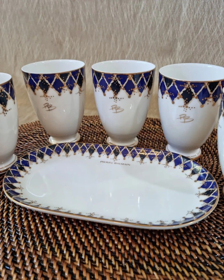 Rare Pierre Balmain Cups & Sandwich Plate Set w/ Diamond Rim, Furniture ...