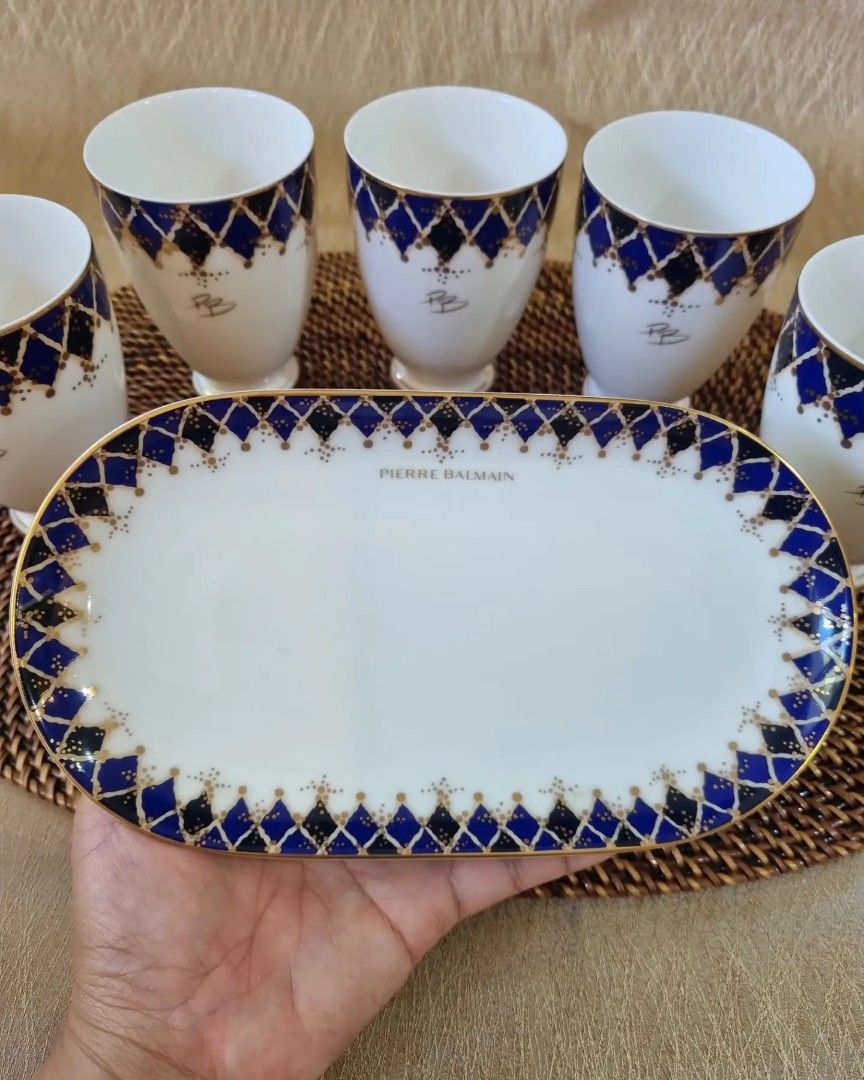 Rare Pierre Balmain Cups & Sandwich Plate Set w/ Diamond Rim, Furniture ...