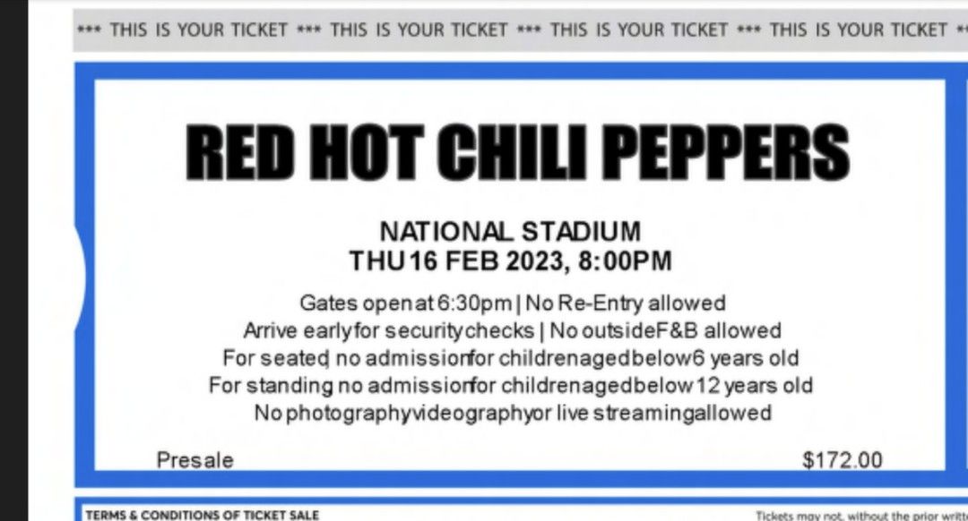 2 Tickets $340 Red Hot Chilli Pepper Concert Singapore 16 February 2023 ...