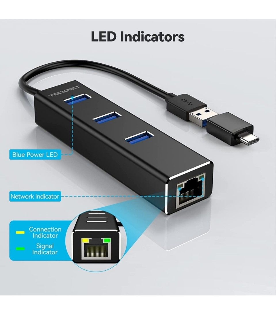 TECKNET USB to Ethernet Adapter, USB C to Ethernet, Aluminum 3 Port USB ...