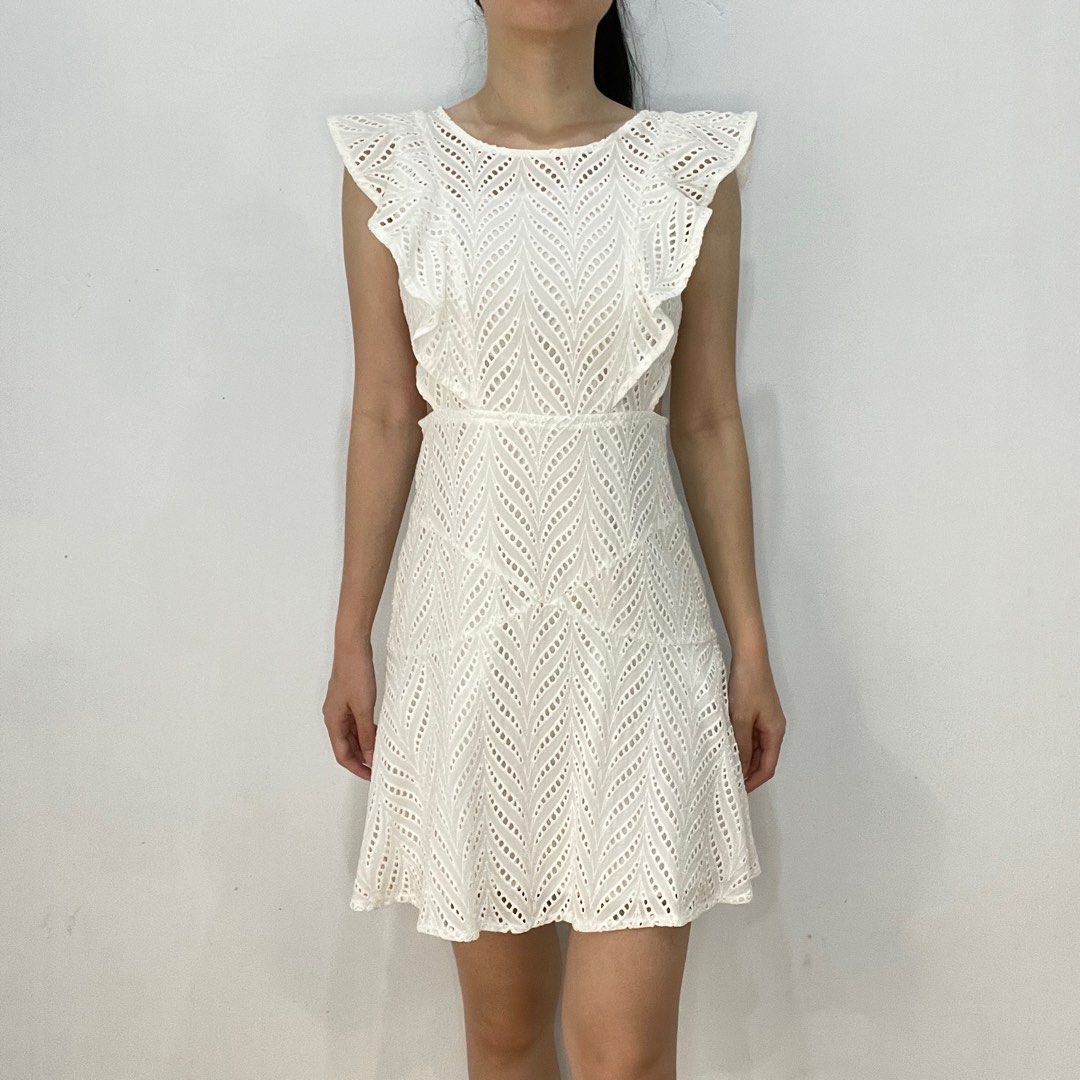 White Eyelet Ruffle Shoulder Waist Cut Out A Line Mini Dress Beach Wear ...