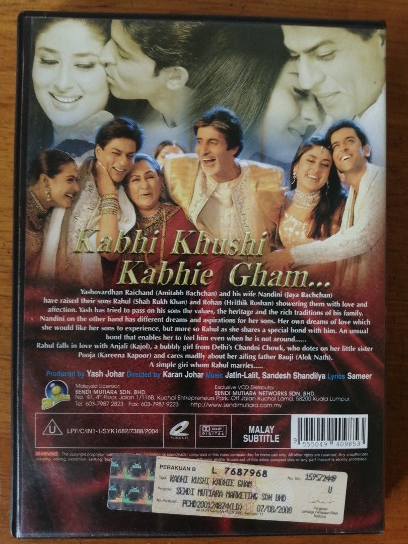 Yash Johar's KABHI KHUSHI KABHIE GHAM... NOVEL 4 DISC SET EXTENDED VERSION - VCD, Hobbies & Toys ...