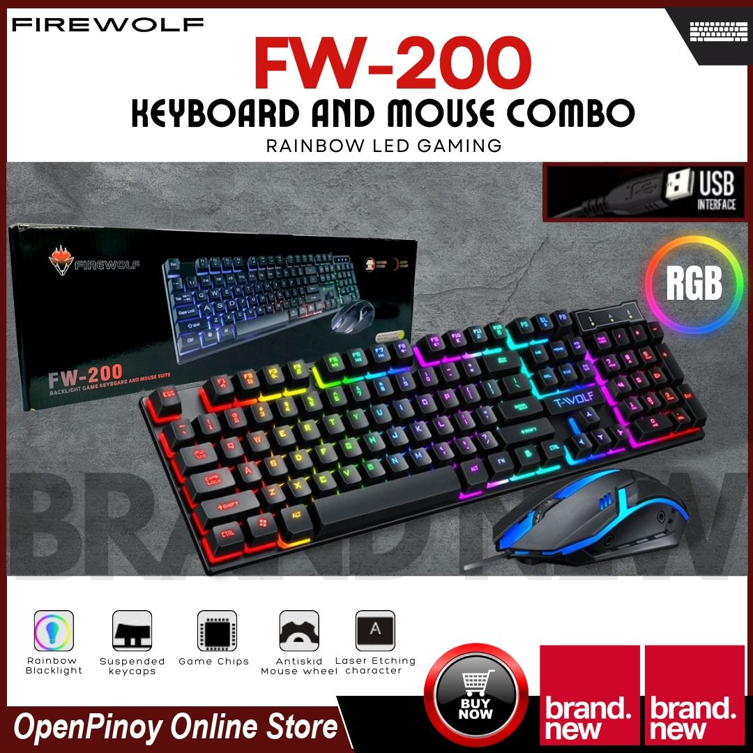 Brandnew FIREWOLF RAINBOW LED GAMING KEYBOARD AND MOUSE COMBO FW-200 ...