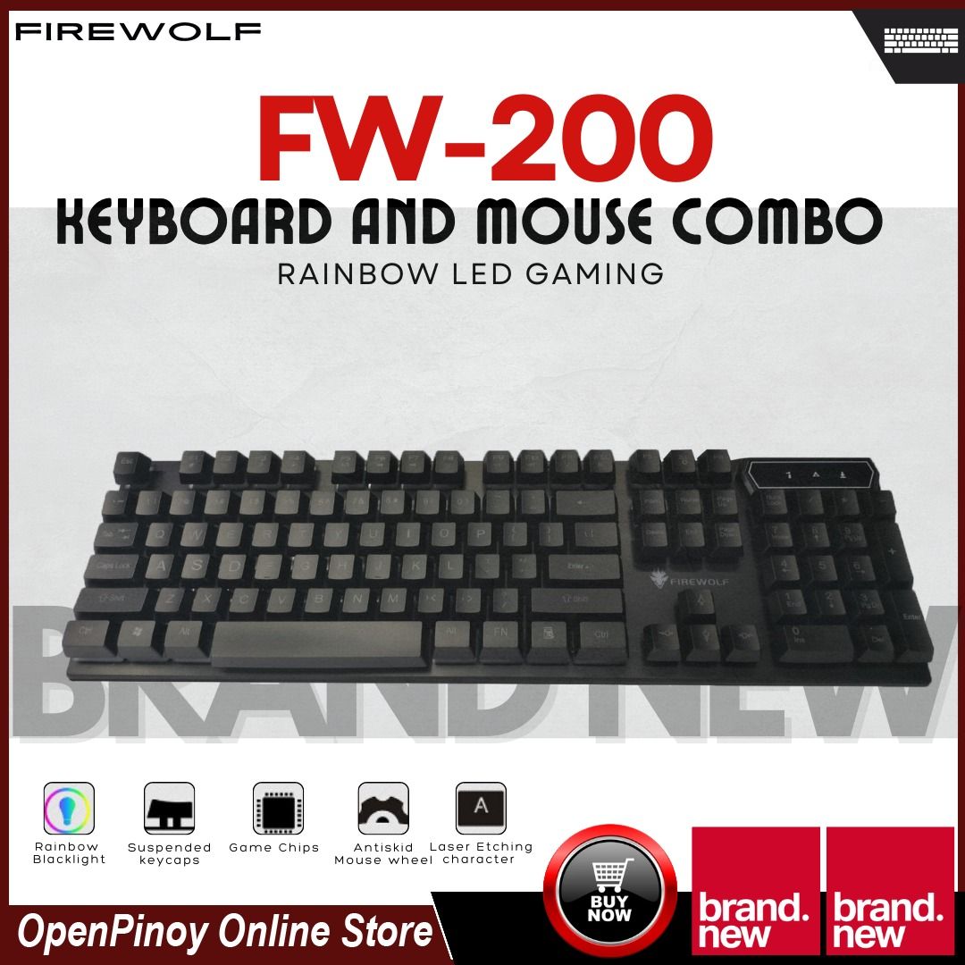 Brandnew FIREWOLF RAINBOW LED GAMING KEYBOARD AND MOUSE COMBO FW-200 ...