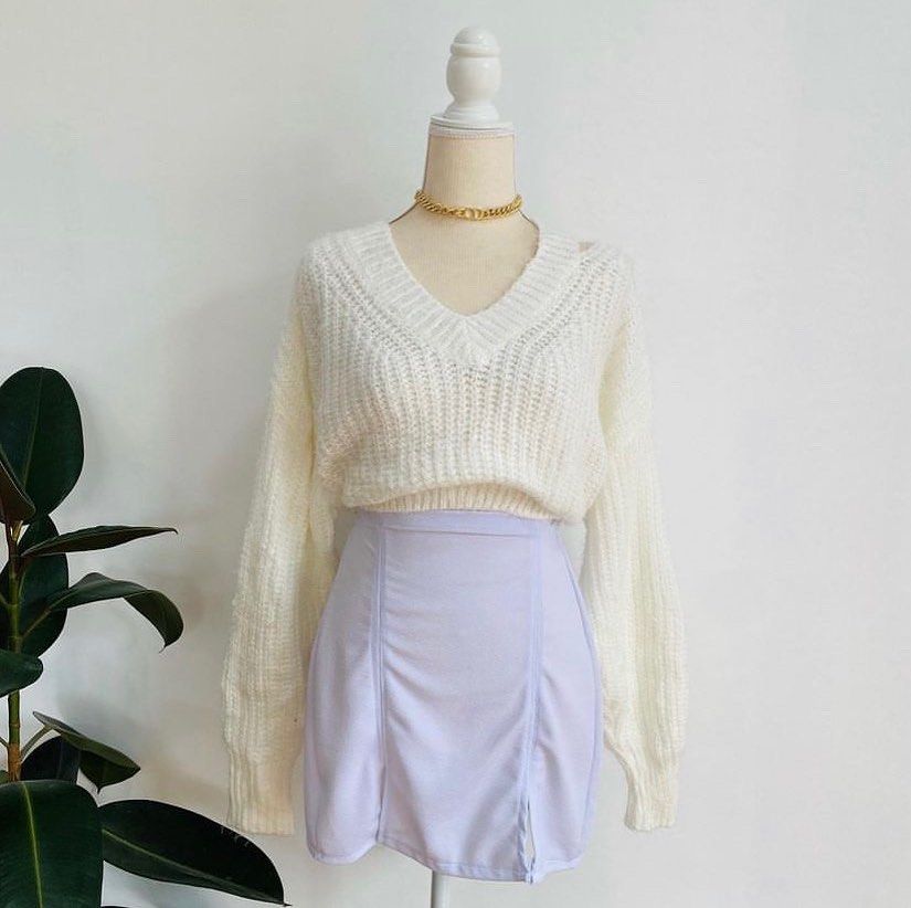 Furry White Cropped Sweater w/ stylish ripped collar - Baguio outfit ...