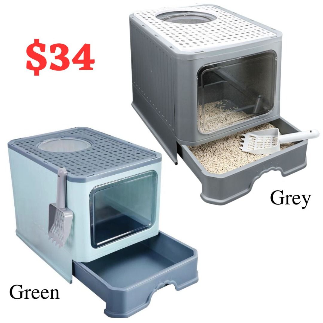 L2 Foldable Cat Litter Box Green Grey Litter Box Pee Tray Kitten Big ...