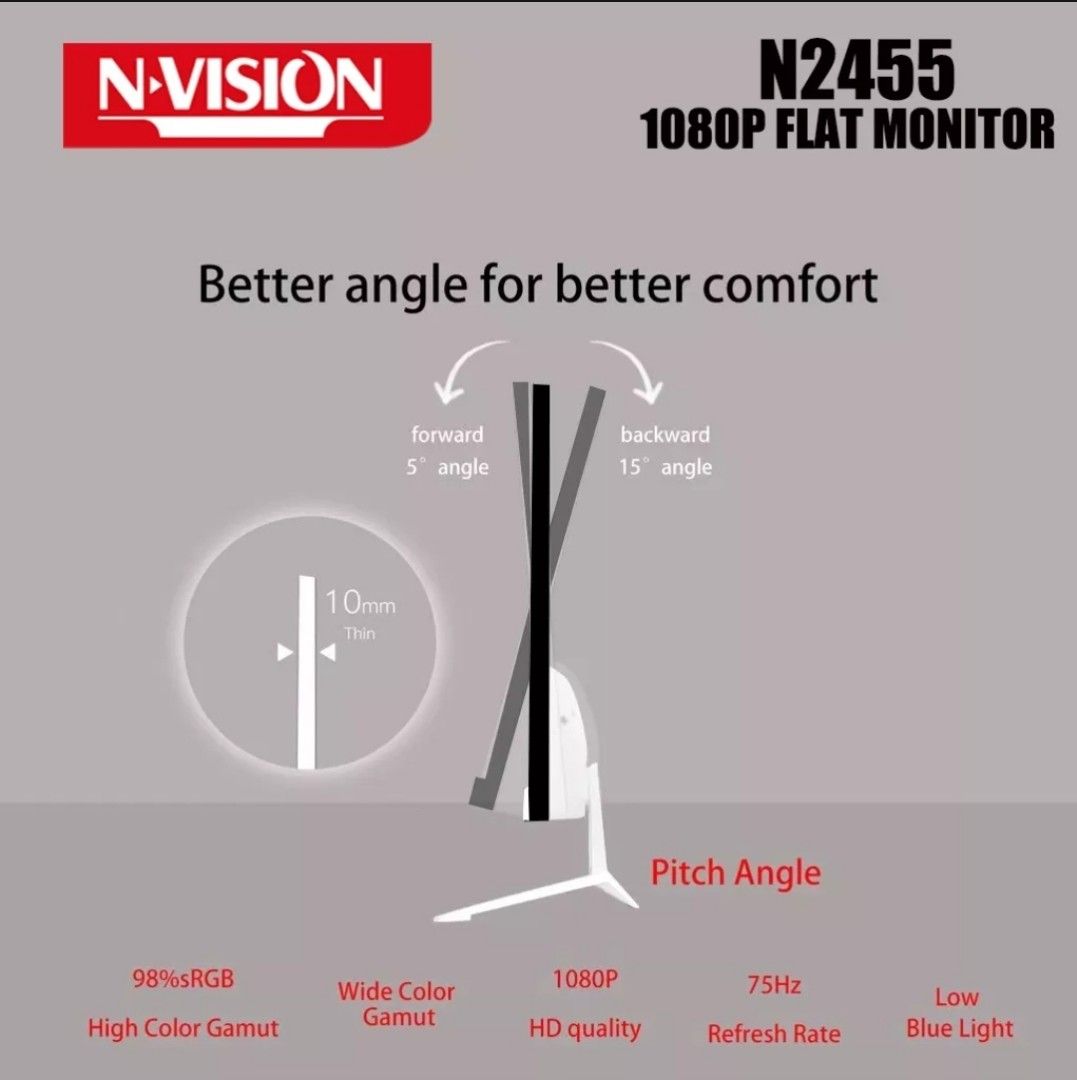 Nvision N2455 24" Inch IPS Monitor FHD 75Hz Frameless Gaming or Office ...