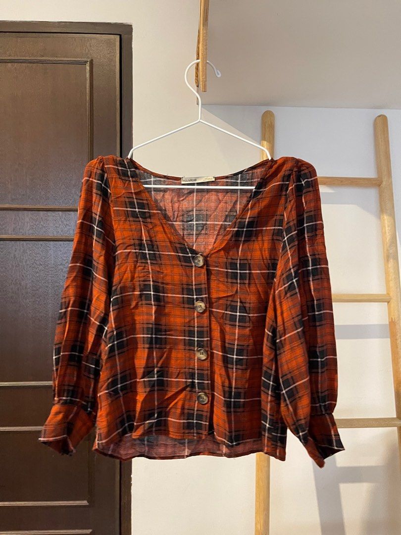 Pull & Bear red checkered top, Women's Fashion, Tops, Blouses on Carousell