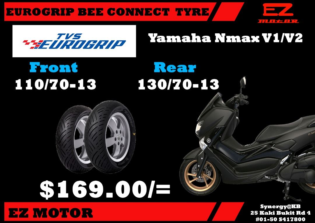 Yamaha Nmax V1/V2 TVS Eurogrip Bee Connect Scooter Tyres, Motorcycles ...