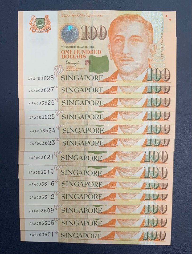 4AA Prefix with 4D number. Singapore Portrait Series $100 Note ...