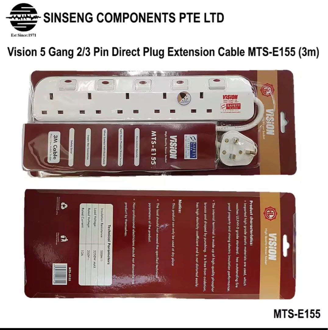 5 Way Extension Cord/Socket Multi Plug for 3 Pin Power Adapter/Adaptor ...