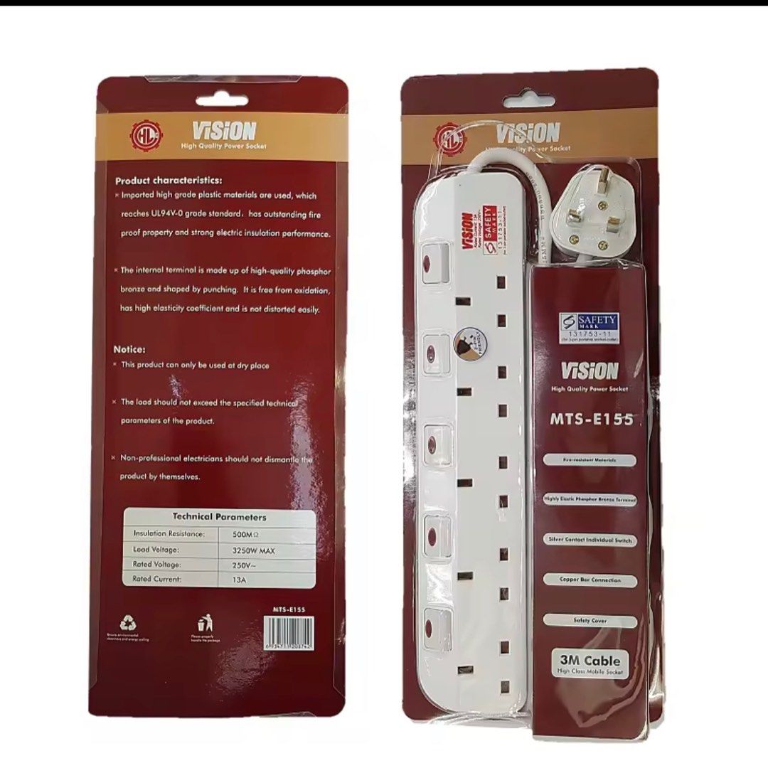 5 Way Extension Cord/Socket Multi Plug for 3 Pin Power Adapter/Adaptor ...