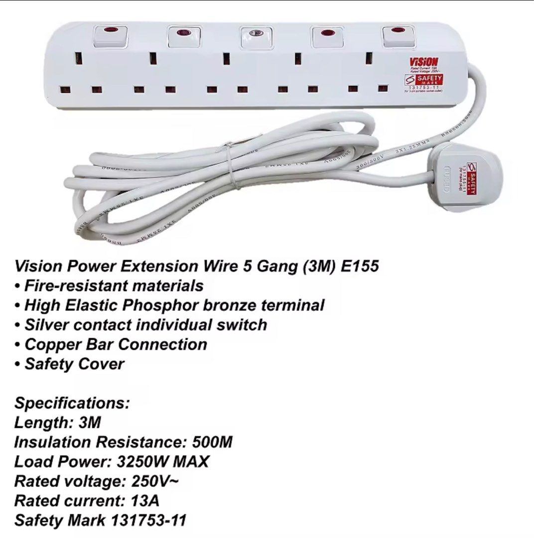 5 Way Extension Cord Socket Multi Plug For 3 Pin Power Adapter Adaptor With 3m Cable [safety