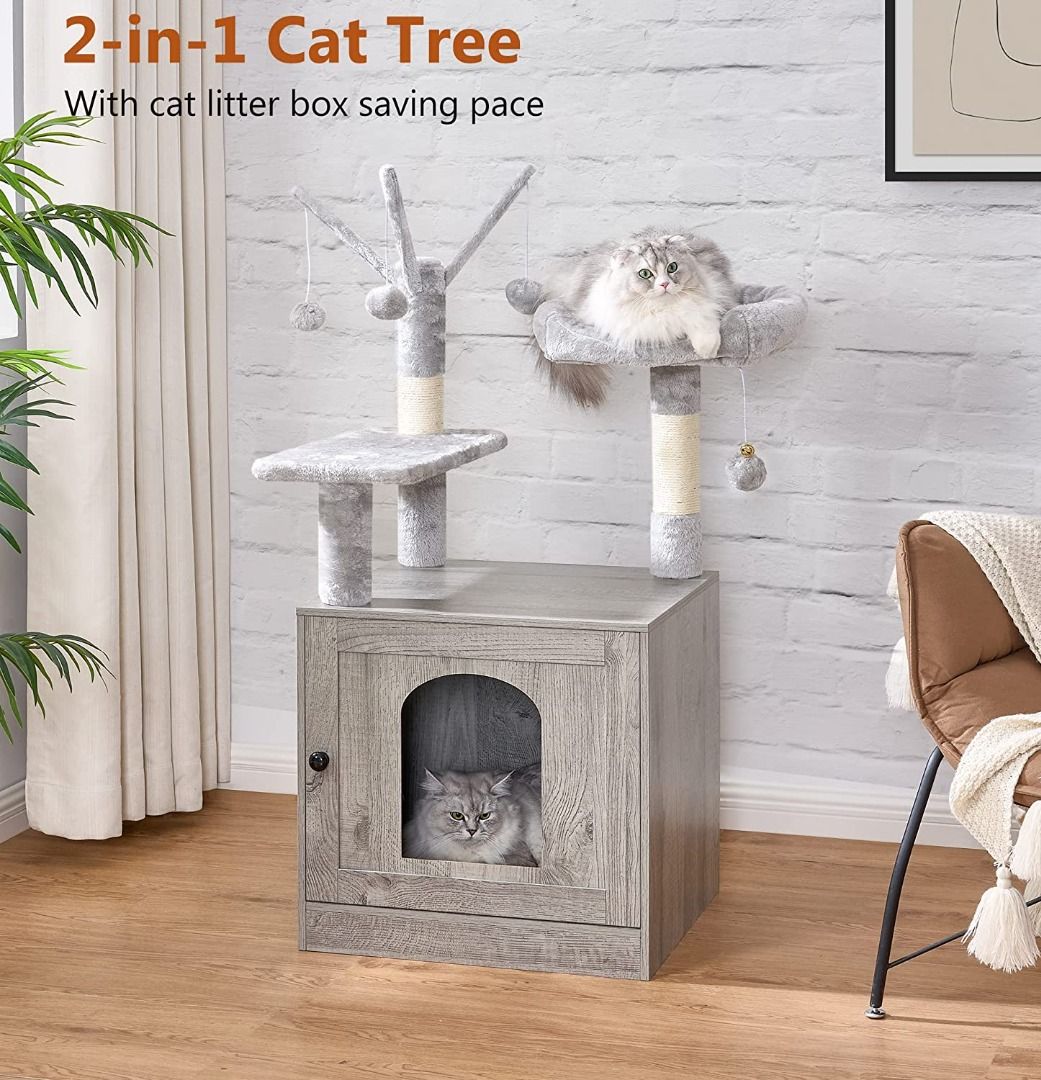 BEWISHOME Cat Tree with Litter Box Enclosure All-in-one Cat Hidden ...